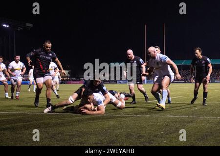 Exeter Chiefs' Greg Fisilau scores a try during the Gallagher PREM ...