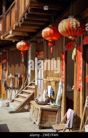 Vernacular Tulou buildings made of rammed earth and timber in Hekeng ...