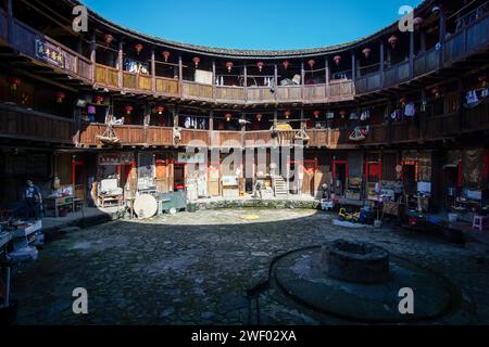 Rectangular and round Hakka Tulou (building made of rammed earth and ...