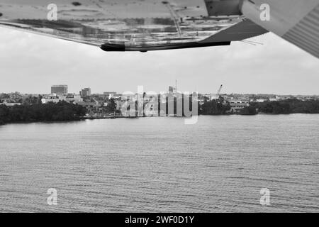Belize City, Belize as seen from a plane. Taken in monochrome ...