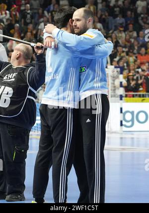 Arian Ando and Laszlo Bartucz of Hungary during the Men's EHF Euro 2024 ...
