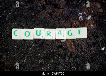 Scrabble letters spelling words Courage Stock Photo - Alamy