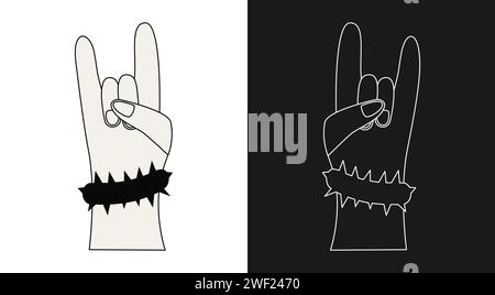 Rock on hand gesture. Cartoon style. Outline vector illustration ...