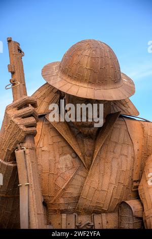 Steel WW1 solder war memorial at Seaham, County Durham, UK. Made in2014 ...