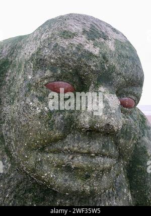 A view of the Stone Ogre on Cleveleys beach, Lancashire, United Kingdom ...