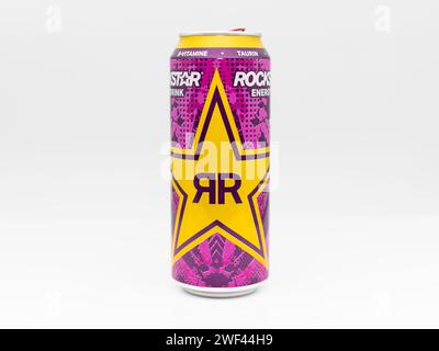 Purple Rockstar Energy Drink can with Passion Frutas juice flavor taste ...