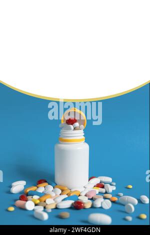 Many different pills and space for text on colorful background, top ...