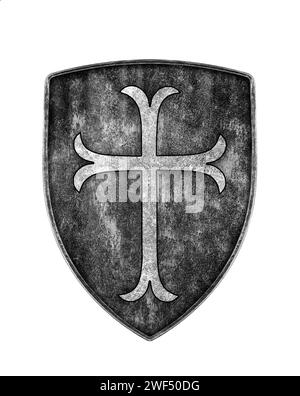 Old metal crusaders shield with cross isolated on white background ...