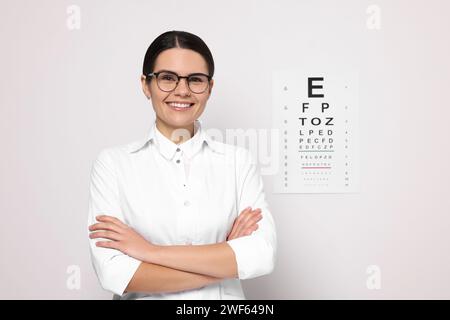Ophthalmologist near vision test chart on white wall Stock Photo - Alamy