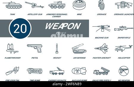 Weapon set. Creative icons: tank, artillery gun, armored personnel ...