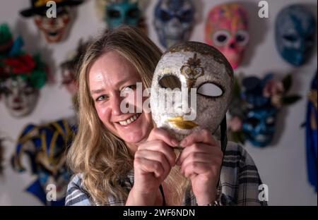 Edinburgh mask maker Lorraine Pritchard wears one of her new Venetian ...