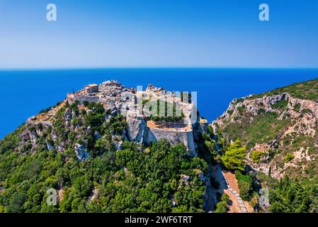 Aerial view of a Byzantine Angelokastro castle on the island of Corfu ...