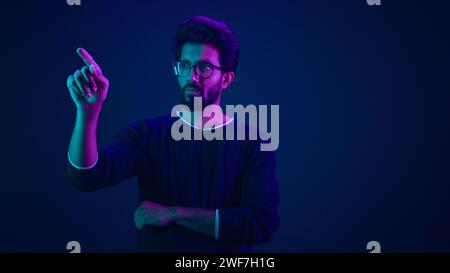 Infographic hologram editing template ultraviolet background Arabian man hi-tech internet ...