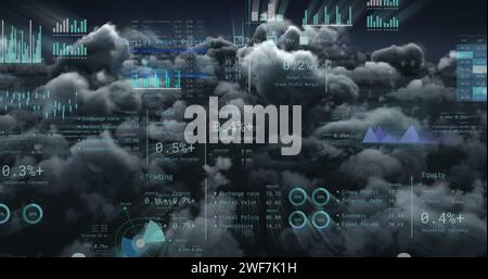 Image of data processing over clouds and flag of america Stock Photo ...