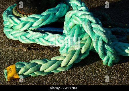 The thick plaited polypropylene rope is a securing hawser for a large ...