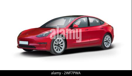Tesla Model 3 car with red color back view isolated on white background ...