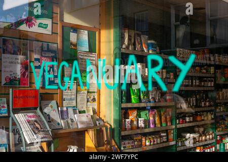 Veganuary sign in shop window whole food shop, Naturalife Taunton ...