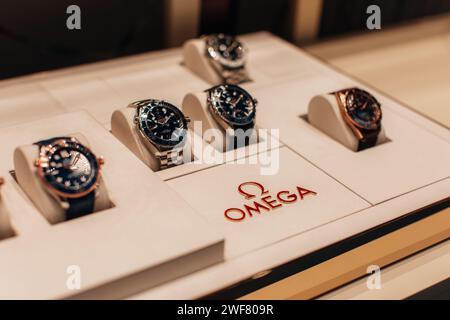 Collection of luxury Omega watches, famous brand shop window display in ...