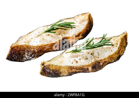 Baked halibut fish steak. Isolated on white background. Top view Stock ...