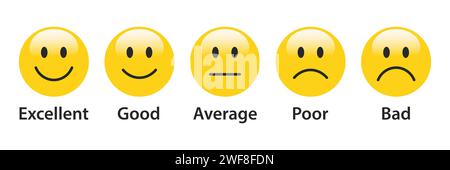 3D Rating Emojis set in different colors with label. Feedback emoticons ...