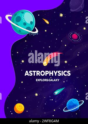 Cartoon astrophysics poster with space planets in starry galaxy, comet ...