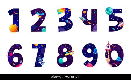 Cartoon space numbers, funny math and astronomy science. Kids education ...