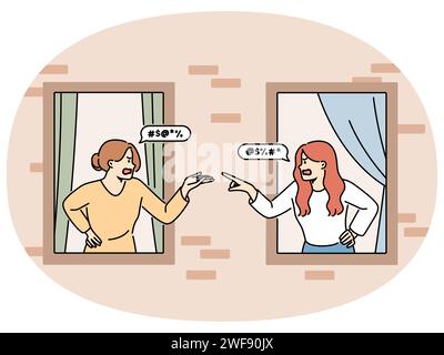 Angry women look out of house windows quarrelling. Furious female ...