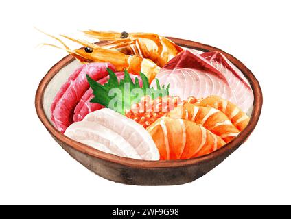 Japanese Sashimi set. Hand drawn watercolor illustration, isolated on ...