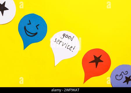 Speech bubbles with reviews on yellow background. Customer experience ...