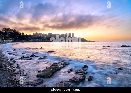 Skyline of buildings at the coastal city of Concon at Valparaiso Region ...