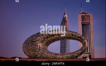 Night shot Museum of the Future, behind it Jumeirah Emirates Towers ...