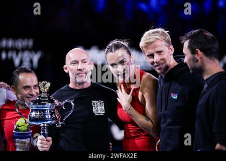 Aryna Sabalenka with her coach Jason Stacy and team in the players box ...
