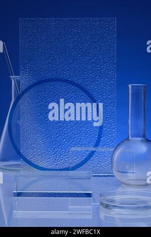 Several laboratory glassware containing transparent liquid are placed ...