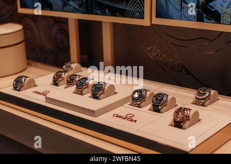 Collection of luxury Omega watches, famous brand shop window display in ...