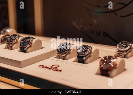 Collection of luxury Omega watches, famous brand shop window display in ...