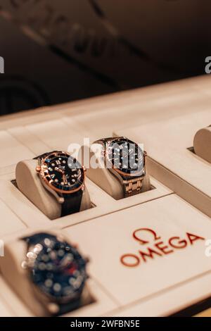 Collection of luxury Omega watches, famous brand shop window display in ...