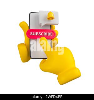 Emoji hand holding Notification bell on white screen. Concept of new ...