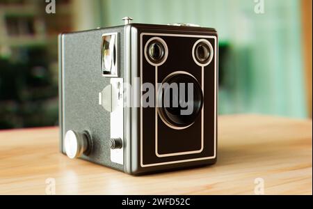 A vintage analogue box camera on a wooden surface background - 3D ...