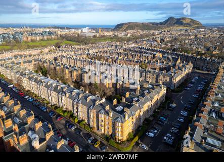Aerial view of terraced row of tenement houses in Marchmont, Edinburgh ...