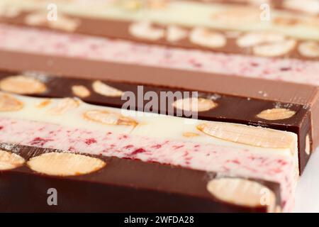 Set of Different Chocolate Bars close-up, top view, isolated on white ...
