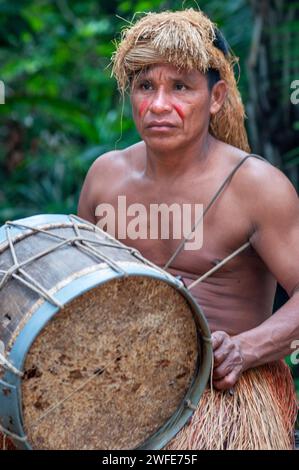 Flute drums music of Yagua Indians living a traditional life near the ...