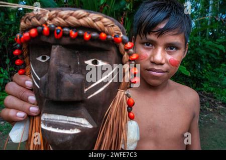 Local masks of Yagua Indians living a traditional life near the ...