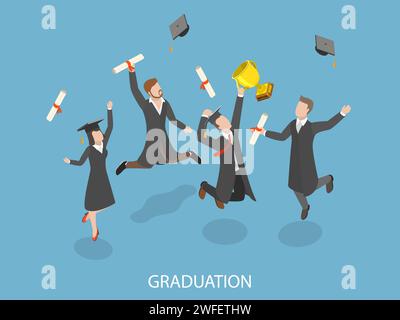 Happy graduating students throwing graduation caps. education, school, college concept. cartoon ...