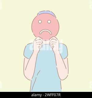 Man Holding an Sad Emoji Sign in Front of His Face. Vector Conceptual ...