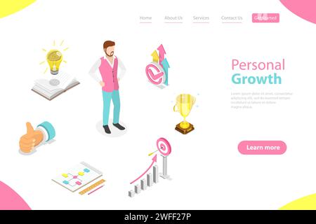 Capacity building web or landing. Man showcases personal growth, achievements and problem ...