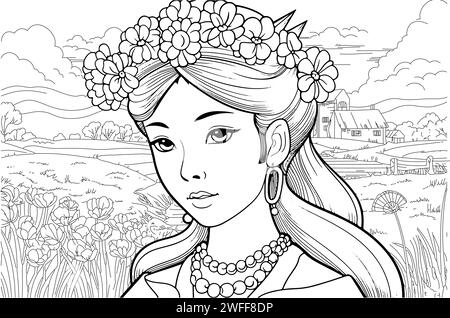 Young Asian princess portrait coloring page. Outline black ink drawing ...
