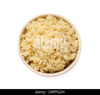 Bowl of tasty boiled quinoa on light background with space for text ...