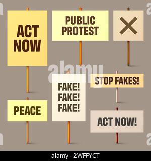 Colorful protest signs with slogan on wooden holder. Realistic vector ...