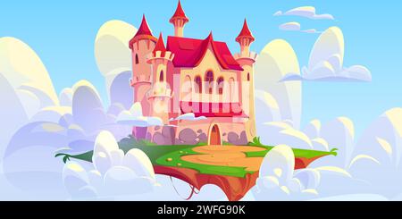 Magic ancient kingdom castle floating on ground platform in sky with ...