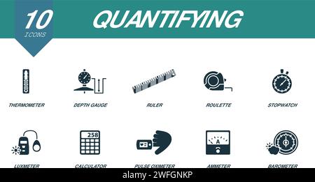 Quantifying set. Creative icons: thermometer, depth gauge, ruler ...